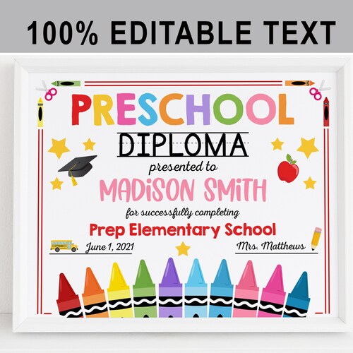 Editable Diploma Kindergarten Graduation Preschool - Etsy