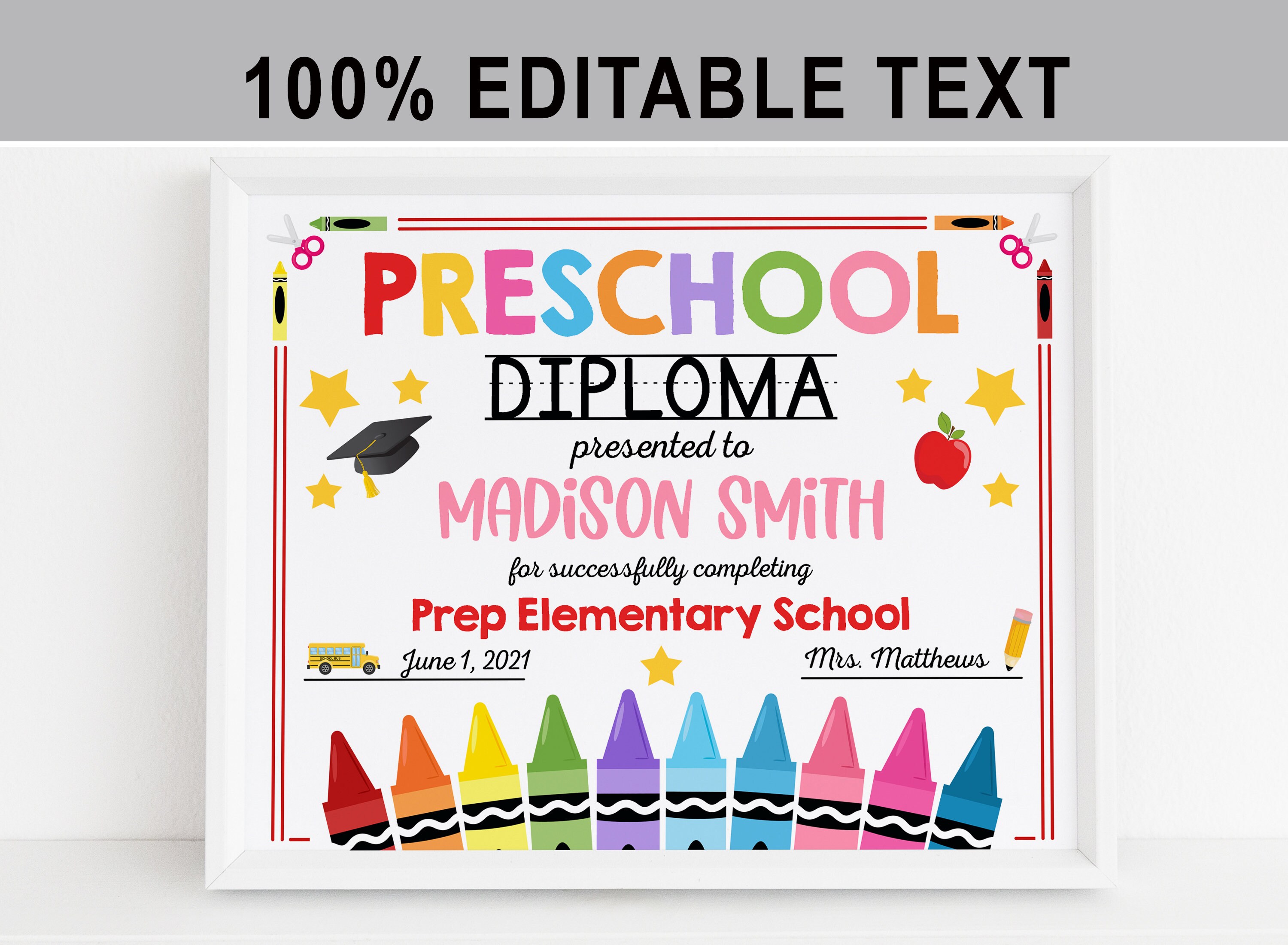 EDITABLE Preschool Diploma Printable Girl Personalized - Etsy