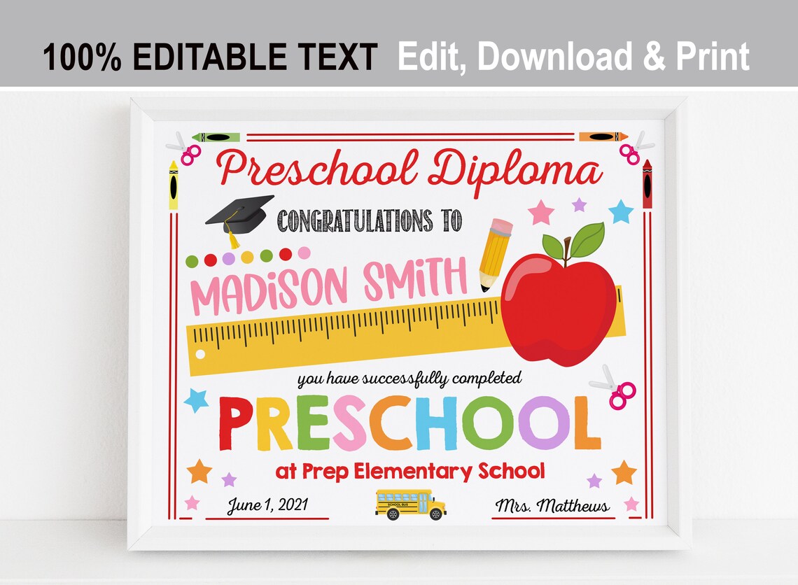 EDITABLE Preschool Graduation Diploma Printable Girl - Etsy