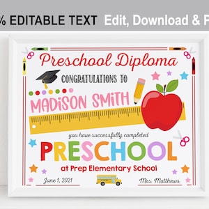 EDITABLE Preschool Graduation Diploma Printable Girl - Etsy