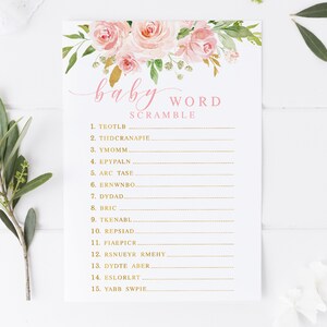 Baby Word Scramble Game Printable, Floral Girl Baby Shower Games, Blush ...