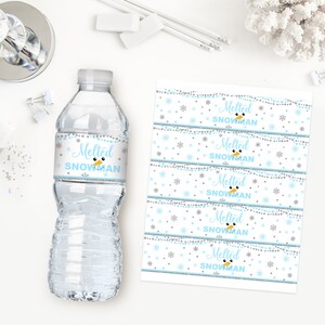 Melted Snowman Water Bottle Labels, Blue and Silver Glitter, Winter ...