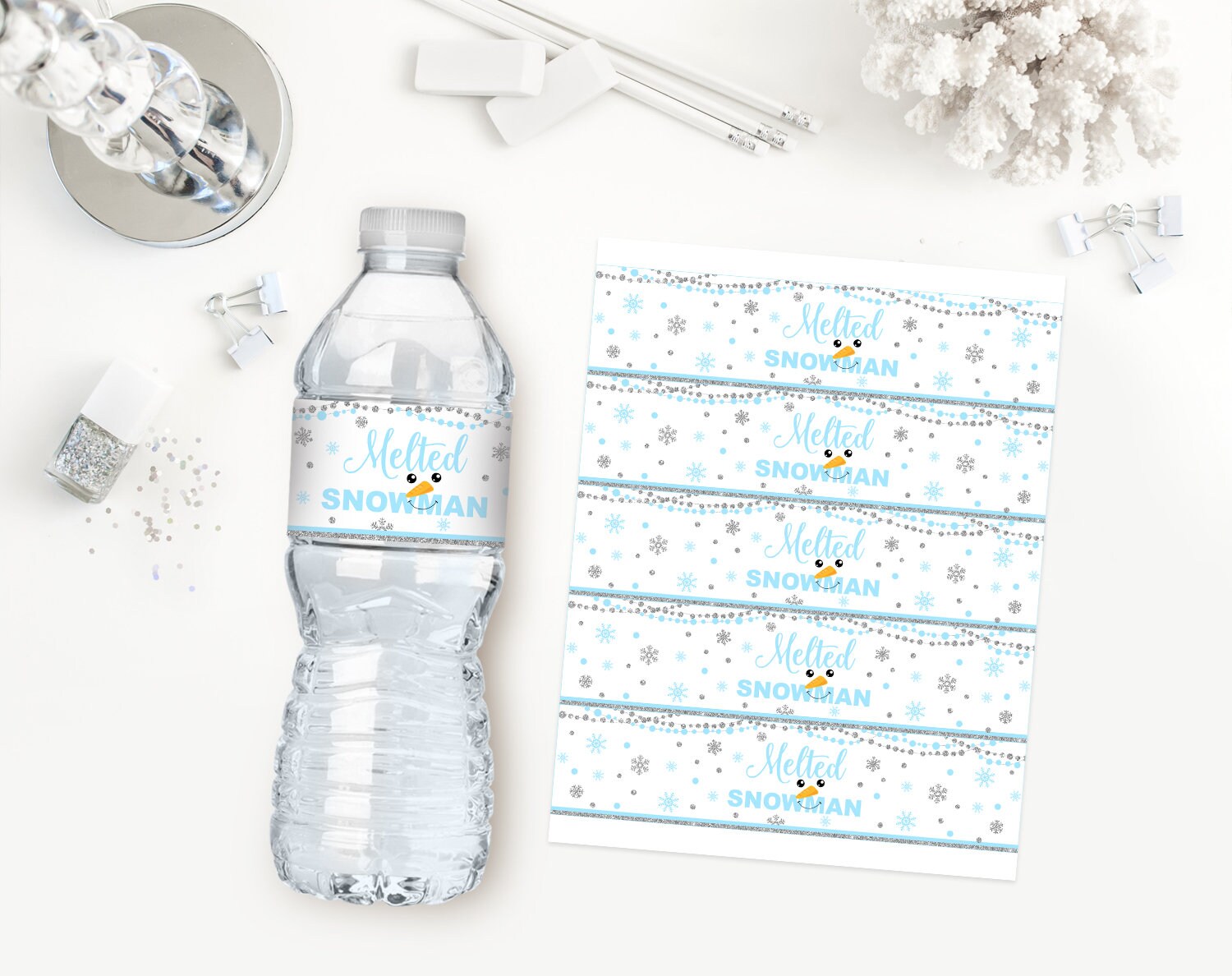 Melted Snowman Water Bottle Labels Blue and Silver Glitter | Etsy