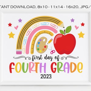 Rainbow First Day of 4th Grade Sign Printable, Girl Back to School ...
