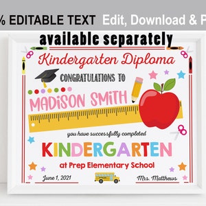 EDITABLE Kindergarten Graduation Diploma Printable, Personalized Kids ...