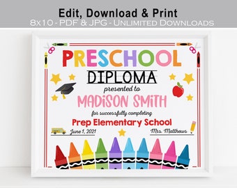 ANY GRADE EDITABLE Preschool Graduation Diploma Personalized | Etsy
