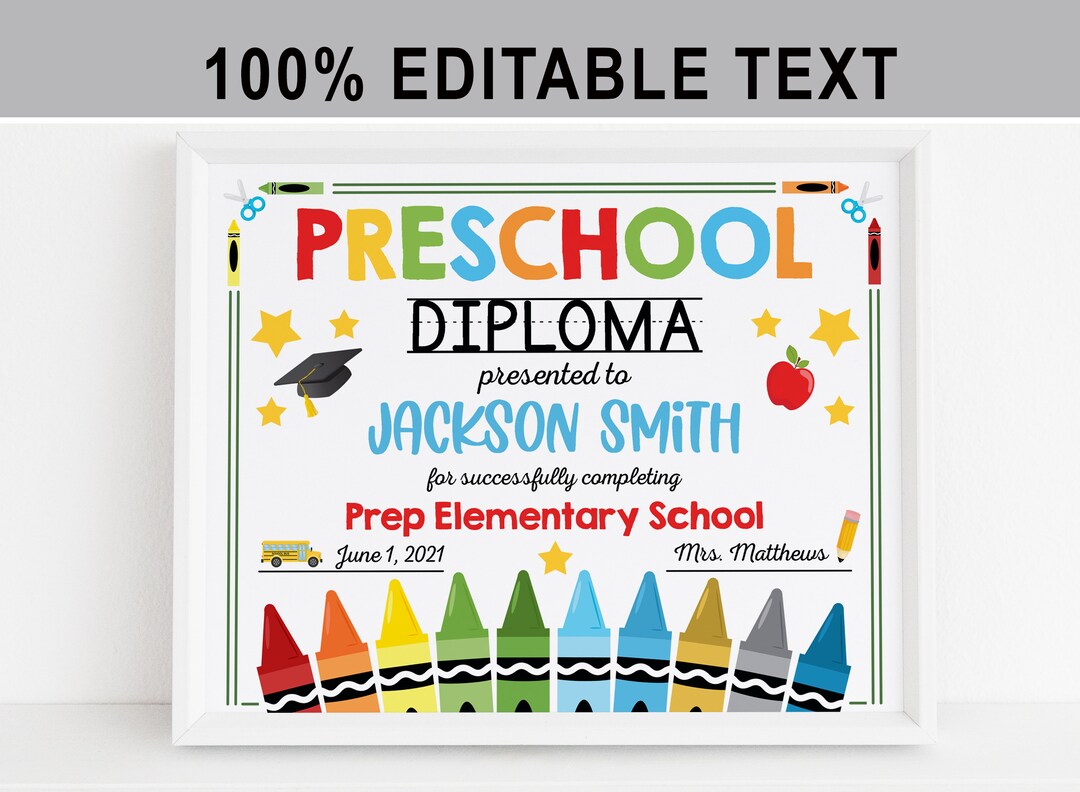 ANY GRADE EDITABLE Preschool Diploma Printable Personalized - Etsy