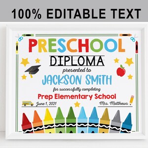 ANY GRADE EDITABLE Preschool Diploma Printable Personalized - Etsy