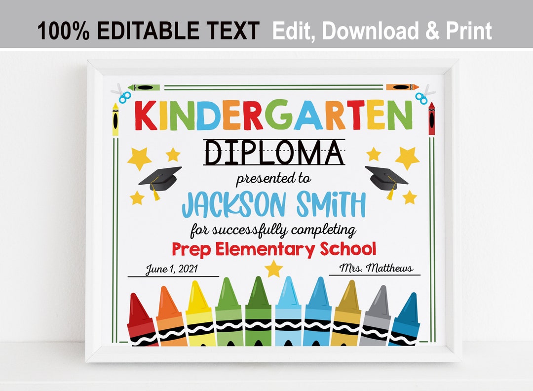 ANY GRADE EDITABLE Kindergarten Diploma Printable - Etsy
