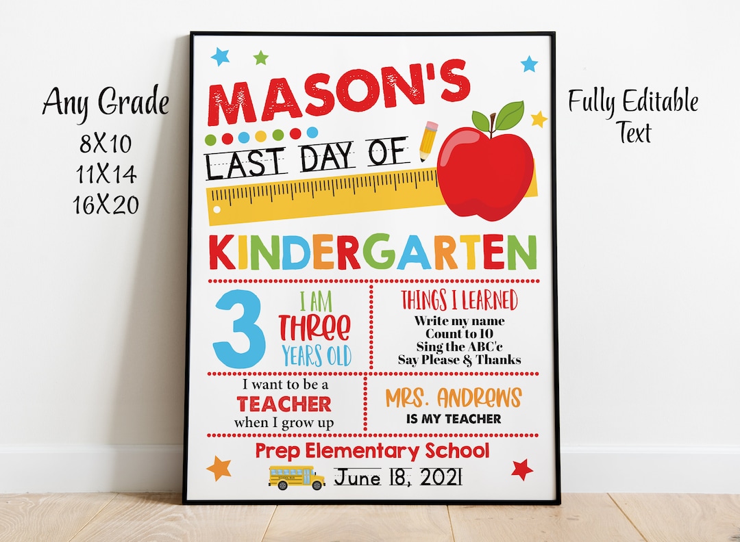ANY GRADE Editable Last Day of Kindergarten Sign Printable ...