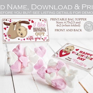 Sloth Valentine's Day Treat Bag Toppers Printable | Etsy