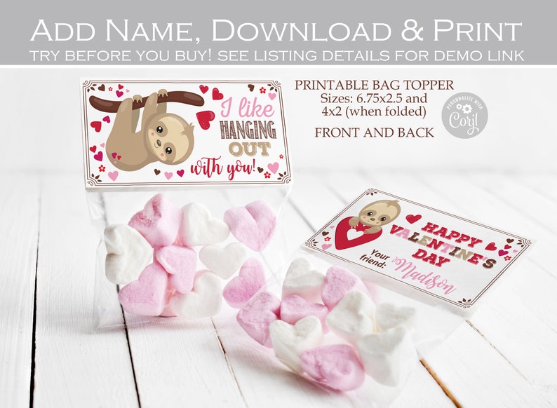 Sloth Valentine's Day Treat Bag Toppers Printable, Valentines for Kids ...