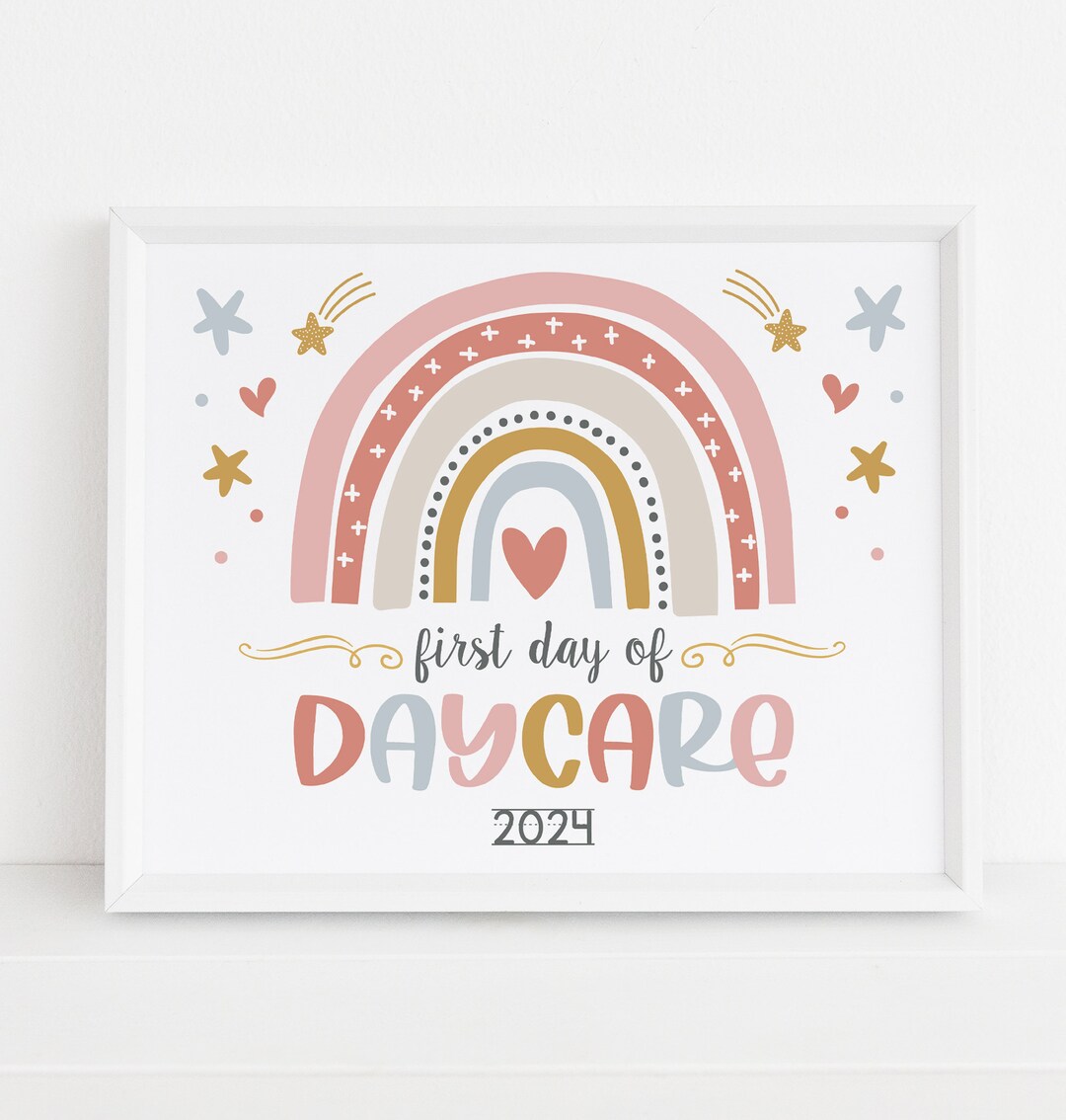 Boho Rainbow First Day of Daycare Sign Printable, Girl Back to School ...