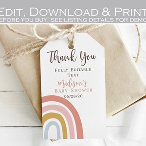 EDITABLE Boho Rainbow Thank You Tag Printable, Baby Shower Gift Tag ...