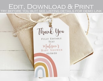 EDITABLE Boho Rainbow Thank You Tag Printable Boy Baby Shower | Etsy