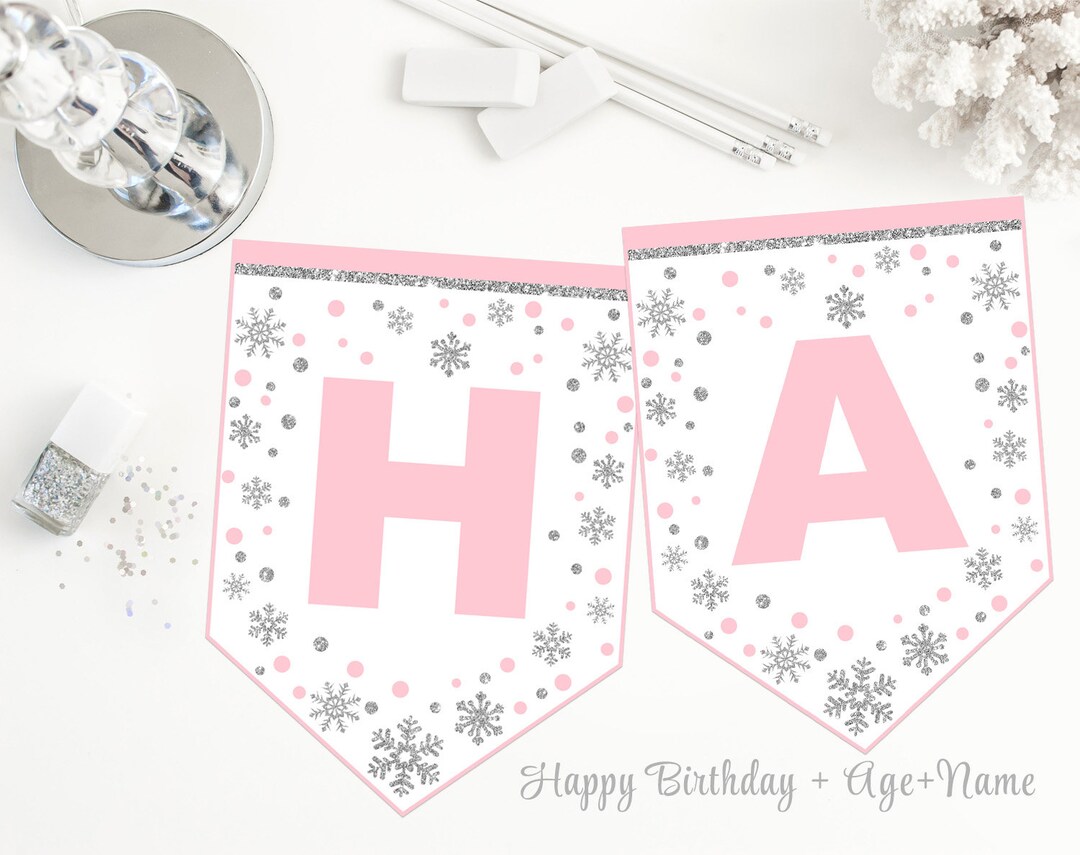 Winter Onederland Happy Birthday Banner Printable, Snowflakes Pink and ...