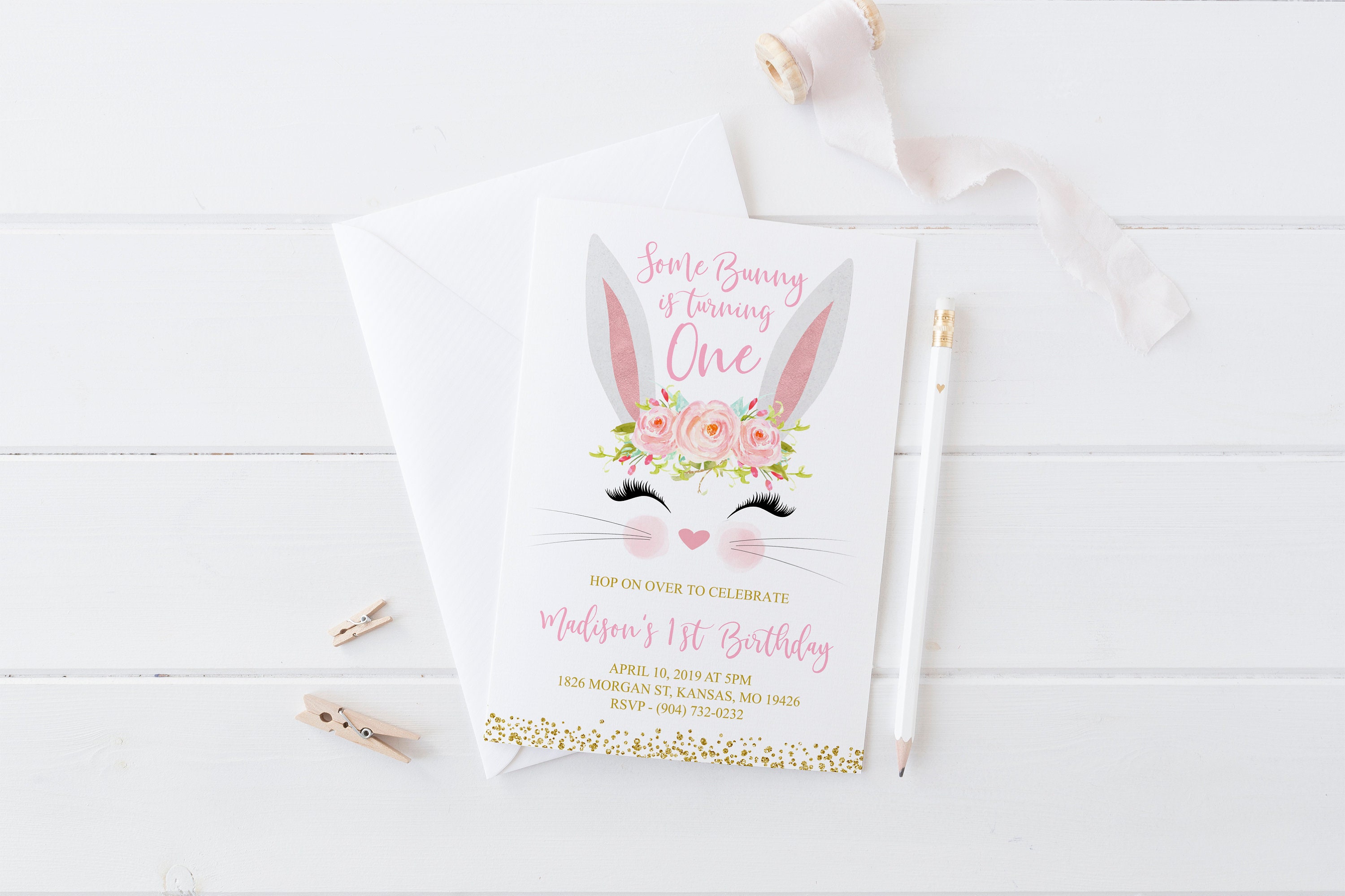 Editable Bunny Birthday Invitation Some Bunny is One Photo | Etsy