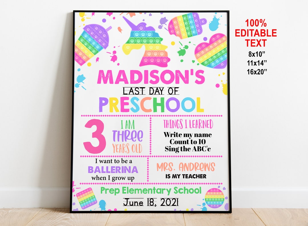 EDITABLE Last Day of School Sign Printable, Girl Preschool Graduation ...