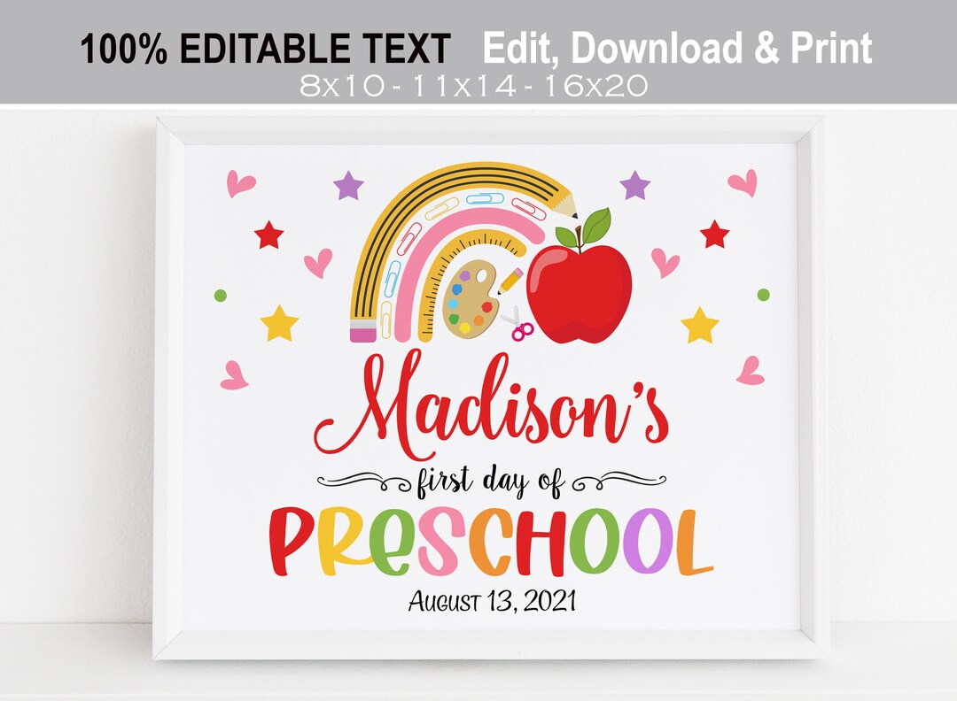 Editable Rainbow First Day of School Printable Sign Girl Back to School ...