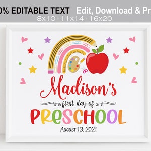 Editable Rainbow First Day of School Printable Sign Girl Back to School ...