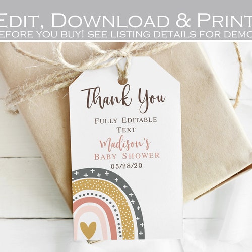 EDITABLE Boho Rainbow Thank You Tag Printable Baby Shower - Etsy