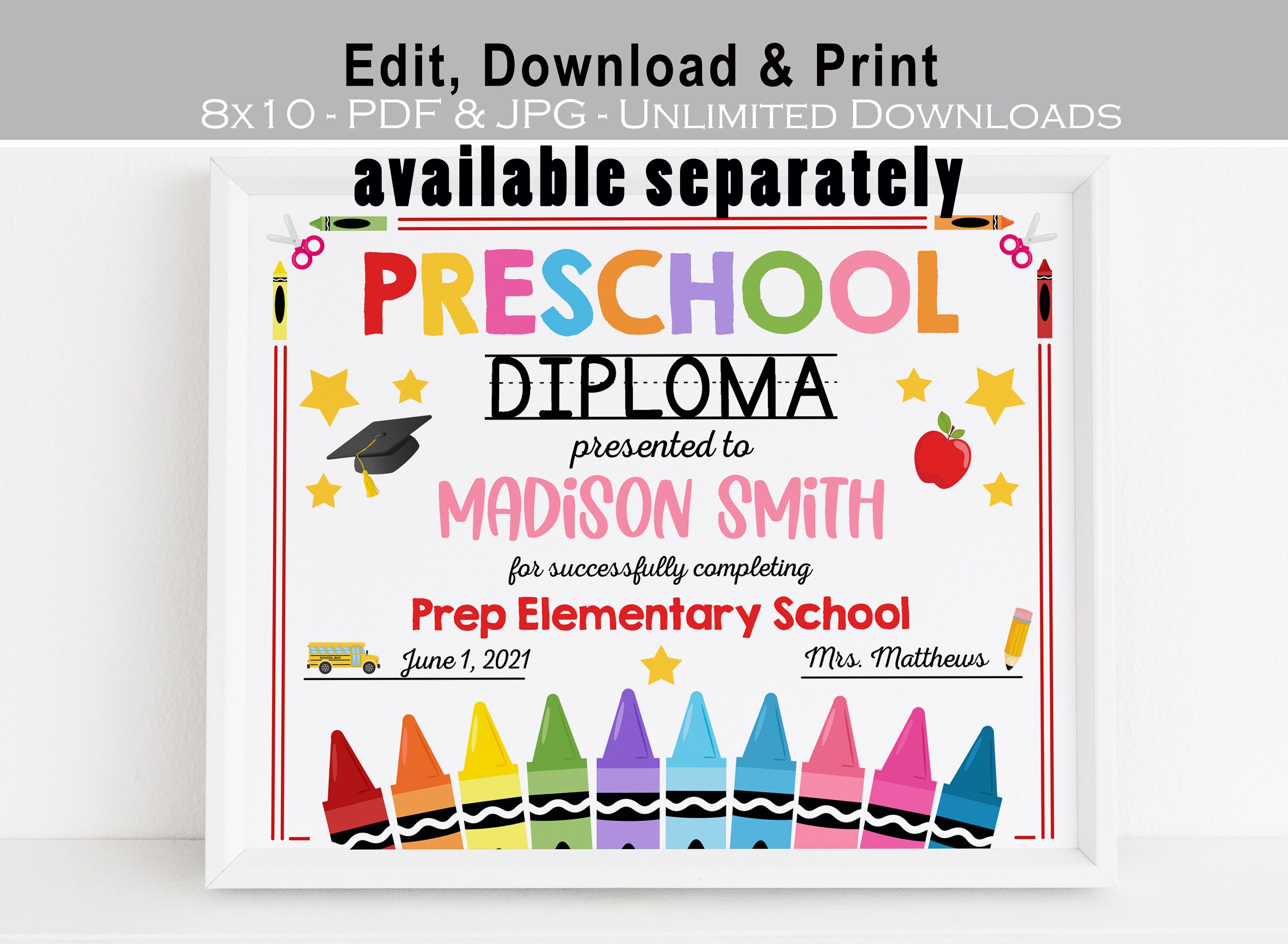 ANY GRADE EDITABLE Preschool diploma printable Personalized | Etsy