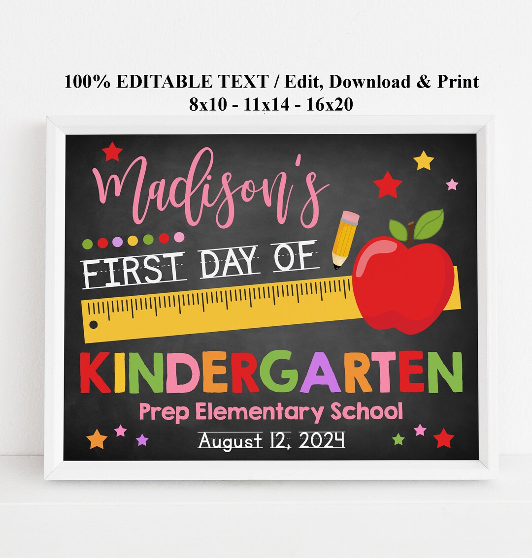 ANY GRADE Editable First Day of Kindergarten Printable Sign, Girl Back ...