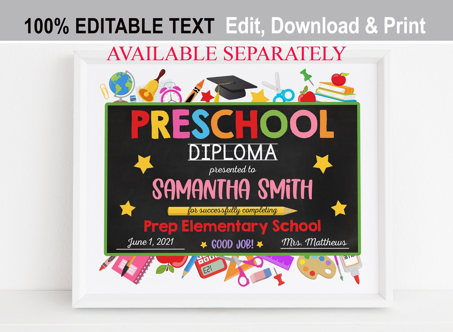 EDITABLE Preschool Graduation Diploma Printable, Kids Personalized ...