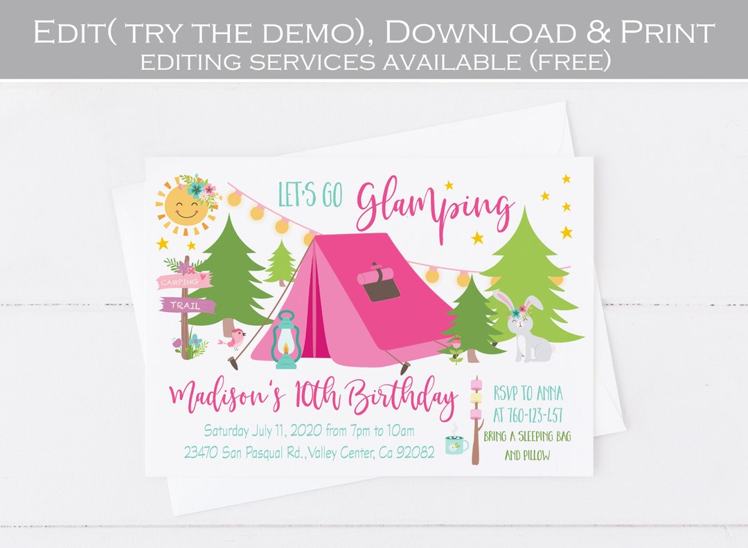Editable Camping Birthday Invitation, Glamping Invitation, Camping ...