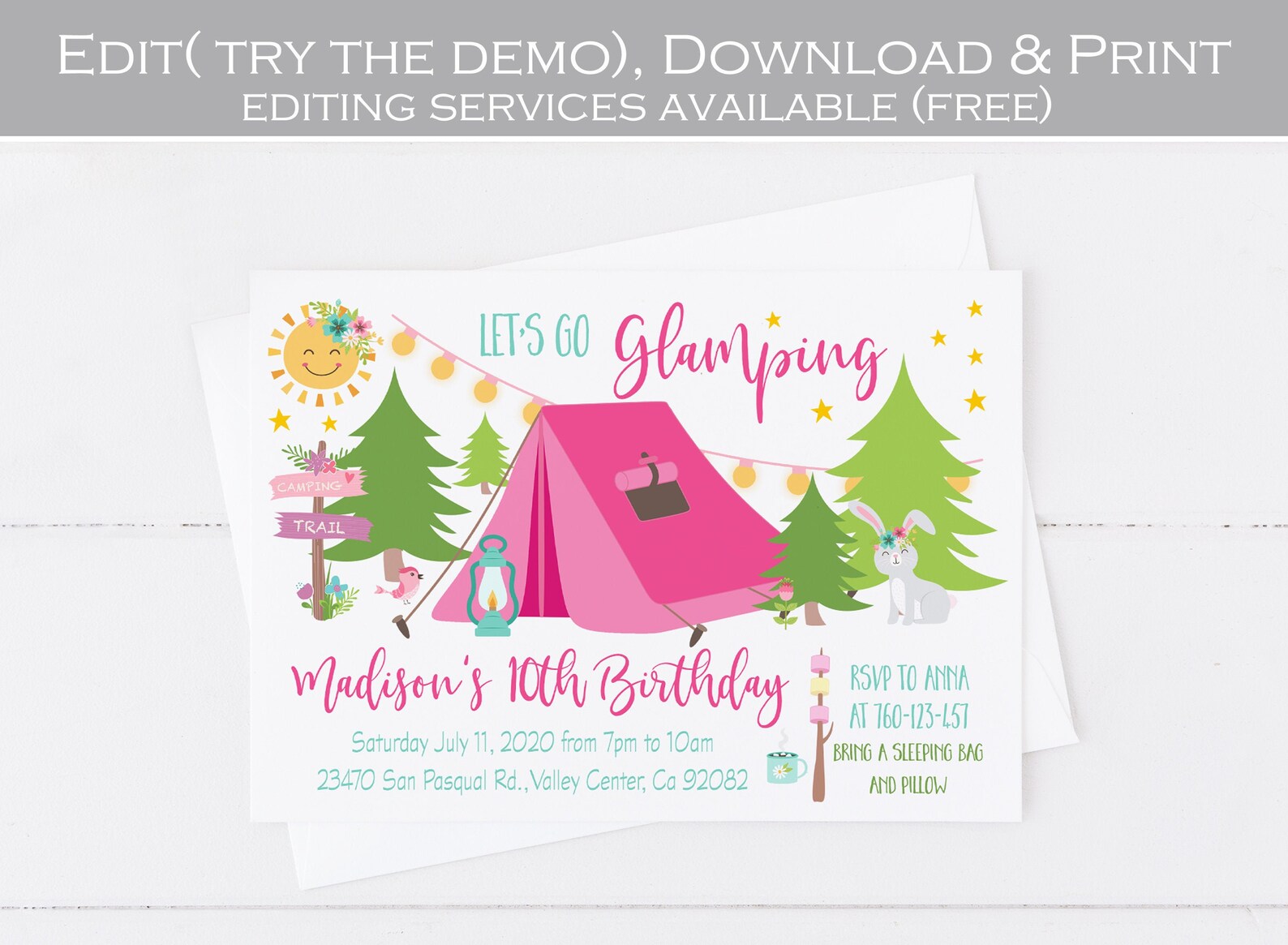 Editable Glamping Invitation Girl Camping Invitation Slumber - Etsy