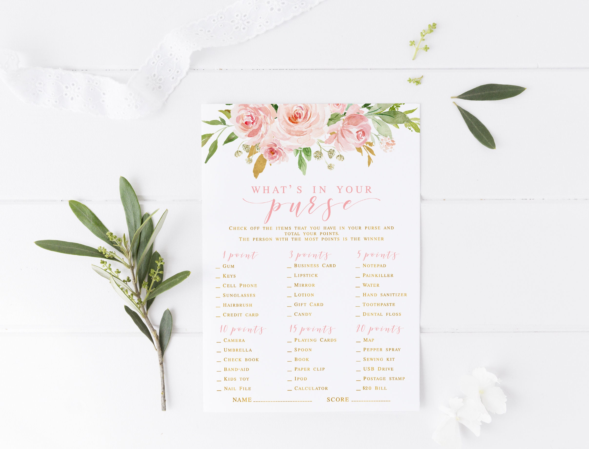 What's in Your Purse Game Printable Floral Girl Baby | Etsy