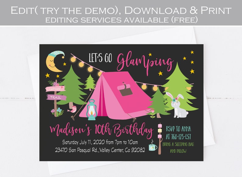Editable Glamping Invitation Girl Camping Invitation Slumber - Etsy