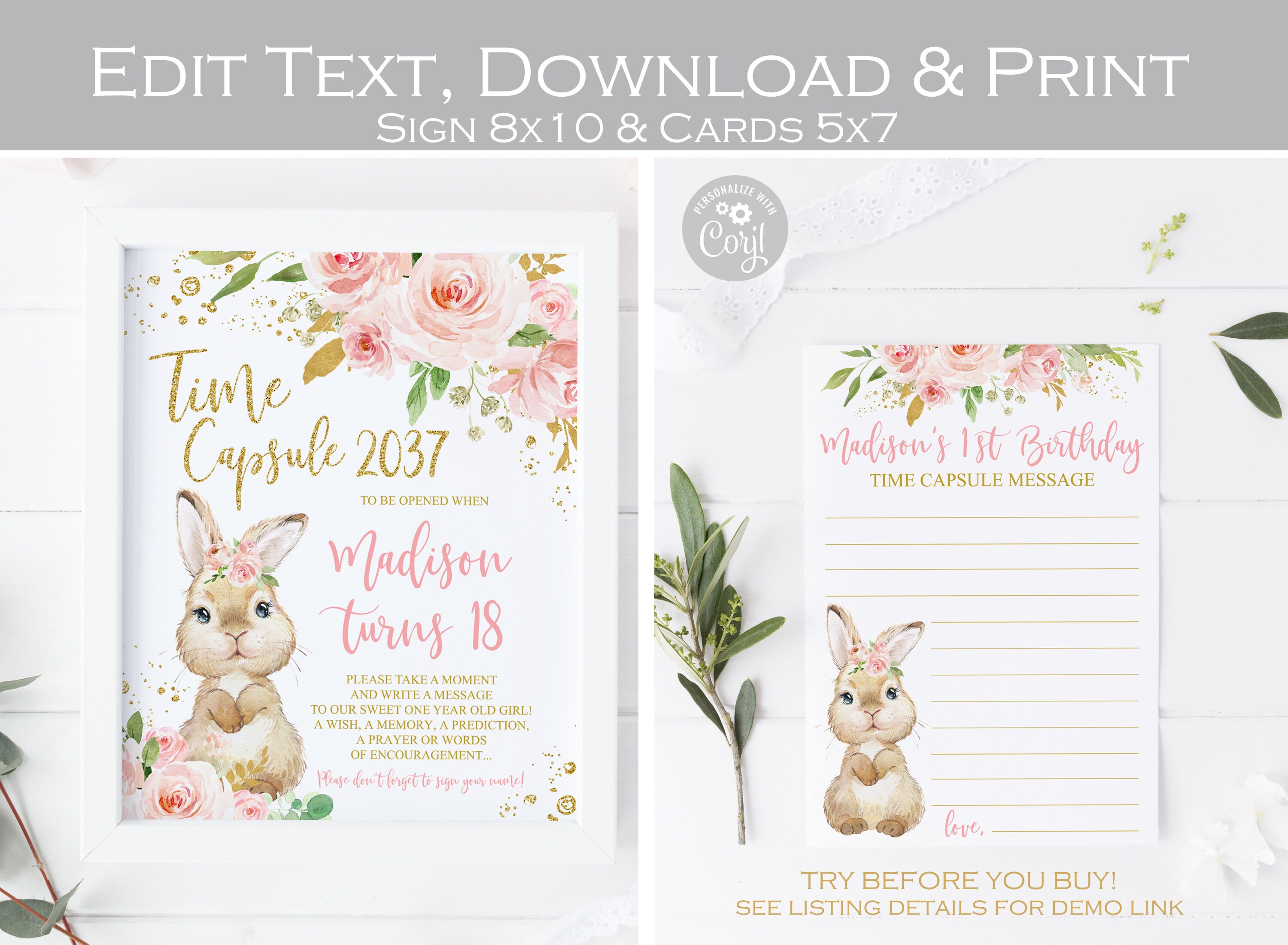 Some Bunny is One Time Capsule Sign and Cards Printable, Floral 1st ...