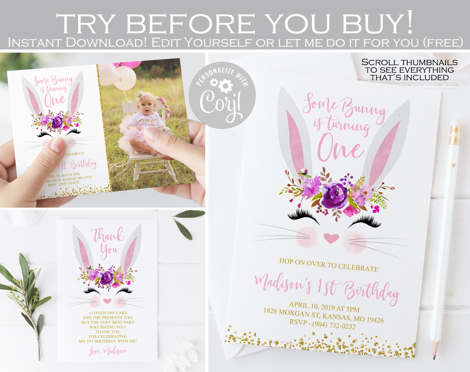 EDITABLE Bunny Thank You Tag, Some Bunny is One Birthday Party Favor ...