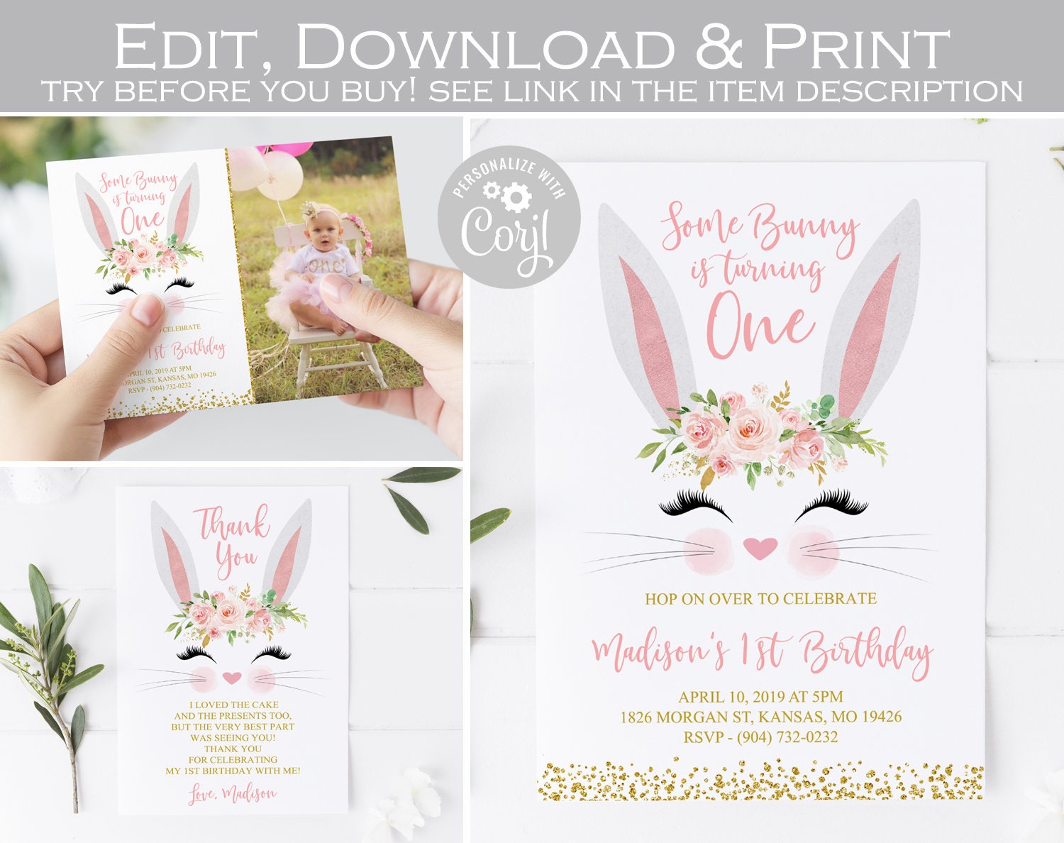 Bunny First Birthday Milestone Poster, Some Bunny is One Board, Floral ...