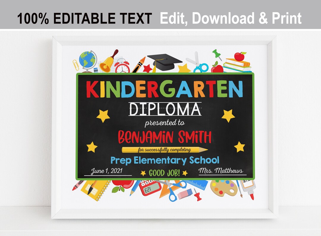 EDITABLE Kindergarten Graduation Diploma Printable, Kids Personalized ...