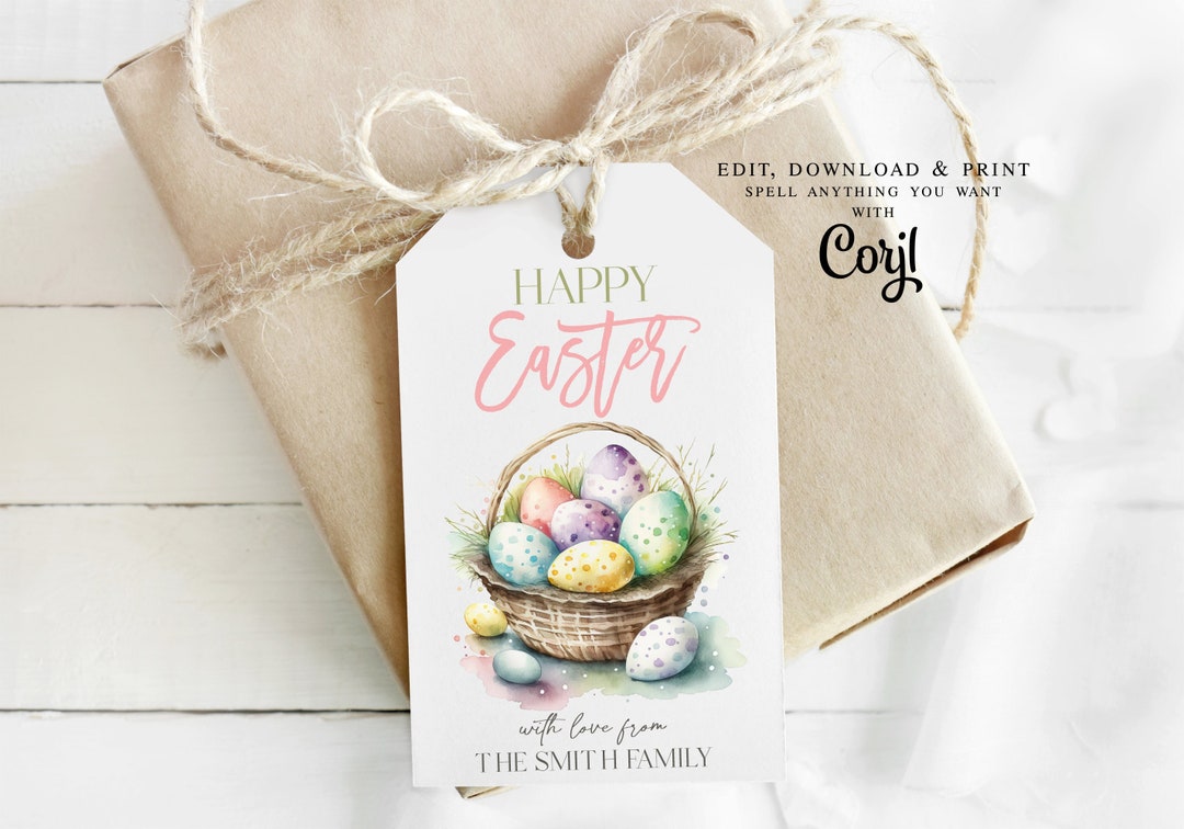 Happy Easter Gift Tag Printable, Easter Basket Party Favors, Watercolor ...