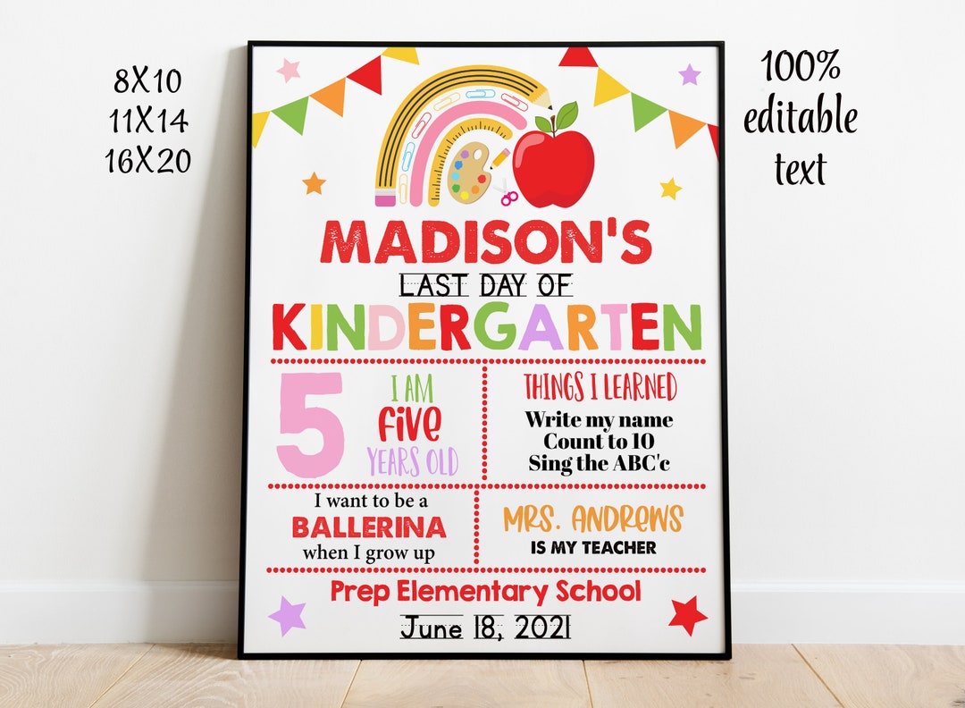 EDITABLE Last Day of Kindergarten Sign Printable, Rainbow End of School ...