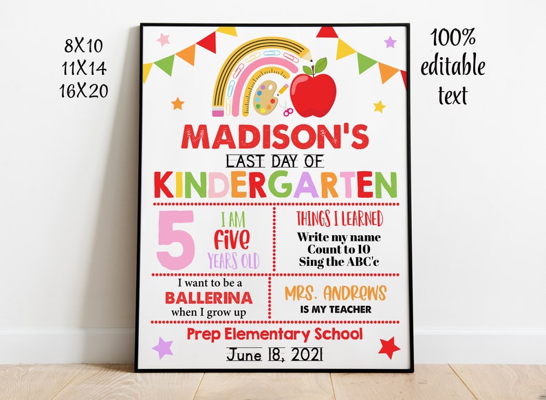 EDITABLE Last Day of Kindergarten Sign Printable Rainbow End - Etsy