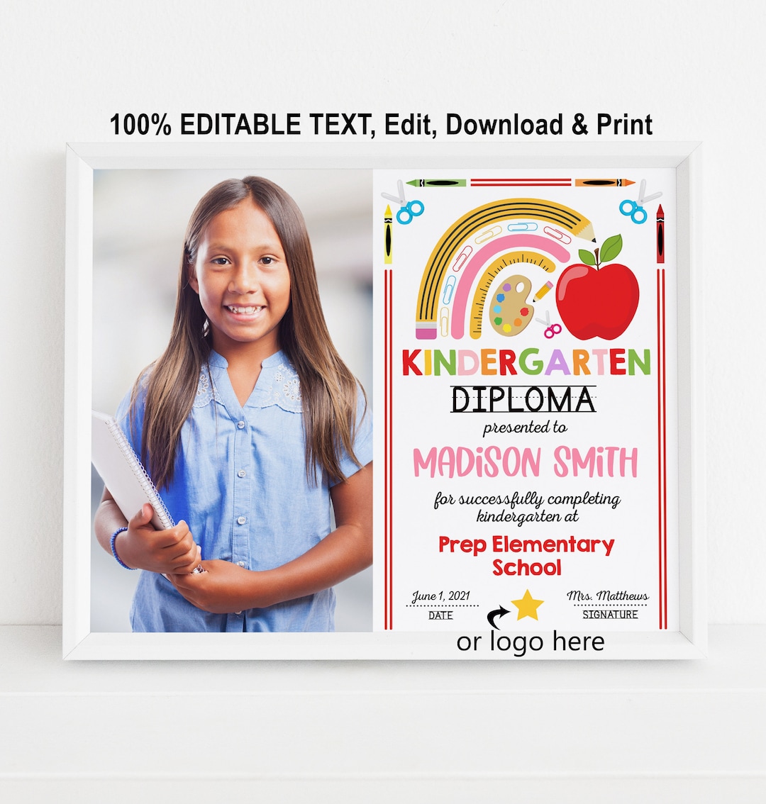 Rainbow EDITABLE Kindergarten Diploma With Photo Printable, Girl ...