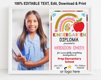 EDITABLE Preschool Diploma With Photo, Rainbow Personalized ...
