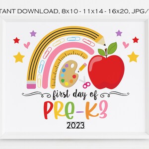 Rainbow First Day of Pre-k3 Sign Printable, Girl Back to School Poster ...