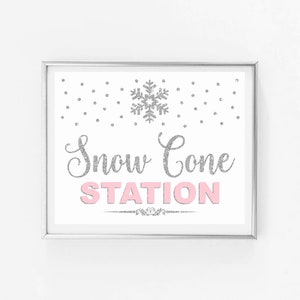 Snow Cone Station Sign Printable, Winter Onederland Decorations, Pink ...