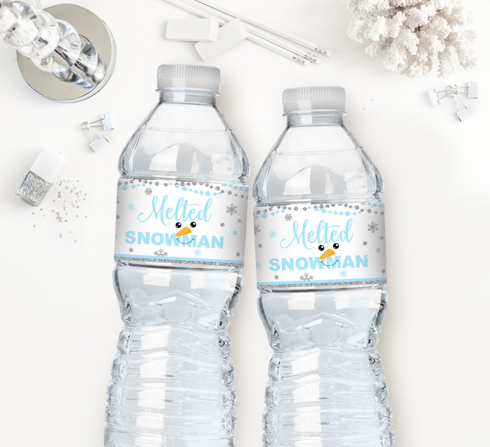 Melted Snowman Water Bottle Labels Blue and Silver Glitter | Etsy