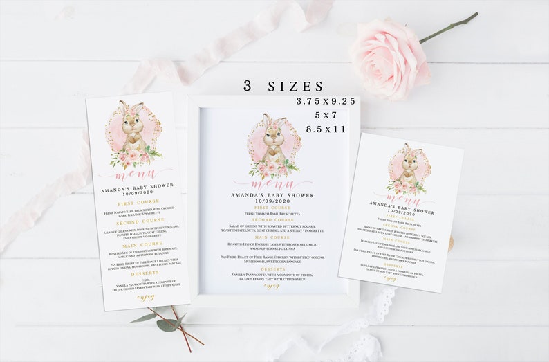 Bunny Editable Menu Blush Pink and Gold Girl Baby Shower Menu - Etsy