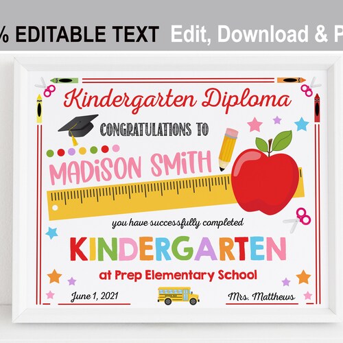 Editable Printable Kindergarten Diploma. Customizable - Etsy