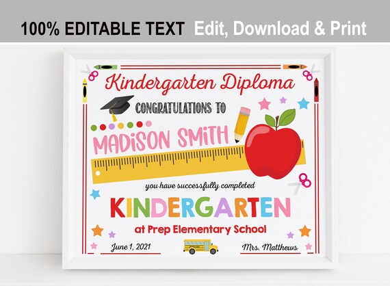 EDITABLE Kindergarten Graduation Diploma Printable - Etsy