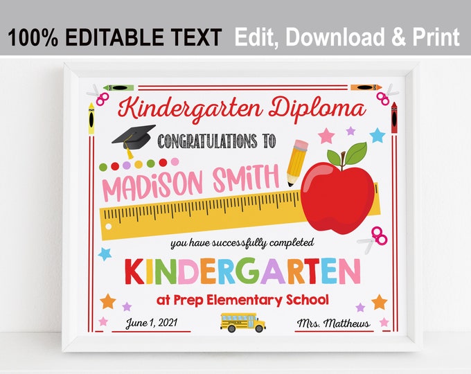 EDITABLE Kindergarten Graduation Diploma Printable - Etsy