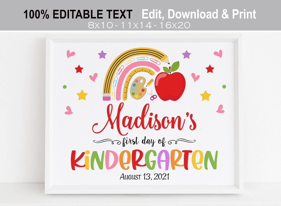EDITABLE Rainbow First Day of School Printable Sign Girl Back - Etsy