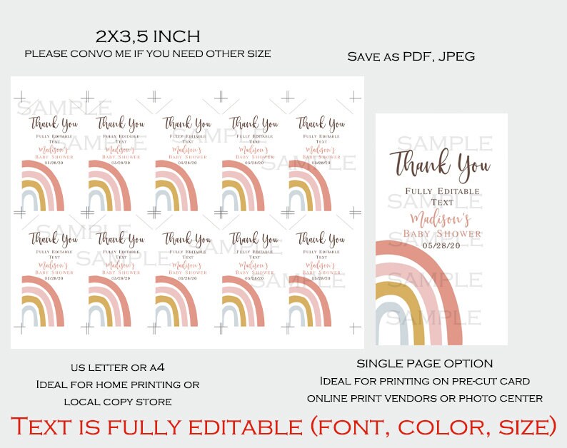 EDITABLE Boho Rainbow Thank You Tag Printable Baby Shower | Etsy